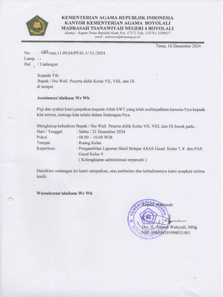 Undangan Pengambilan Rapot | PDF