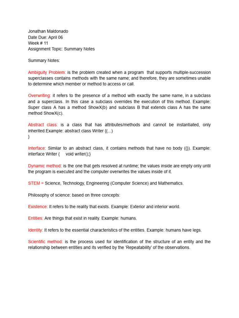 Week 11 Jonathan Maldonado Summary Notes | PDF