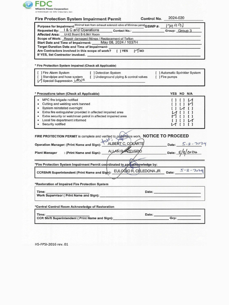 Fire Impairment control # 2024-020 | PDF
