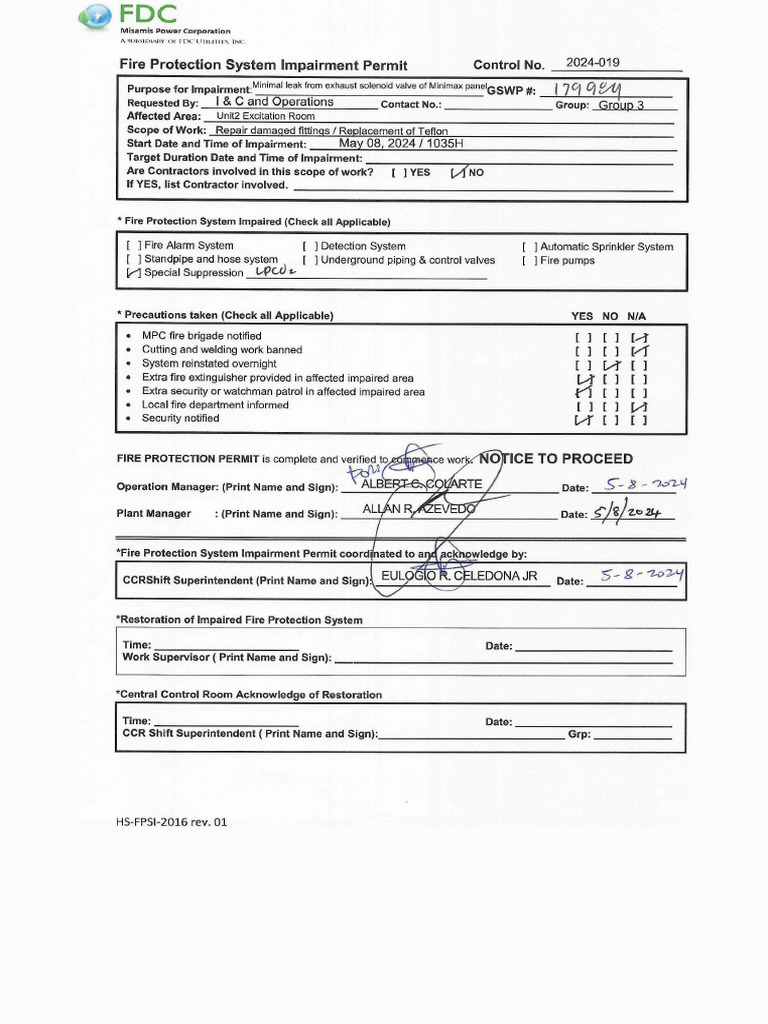 Fire Impairment control # 2024-019 | PDF