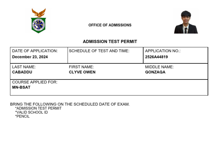 Admission Test Schedule Permit | PDF