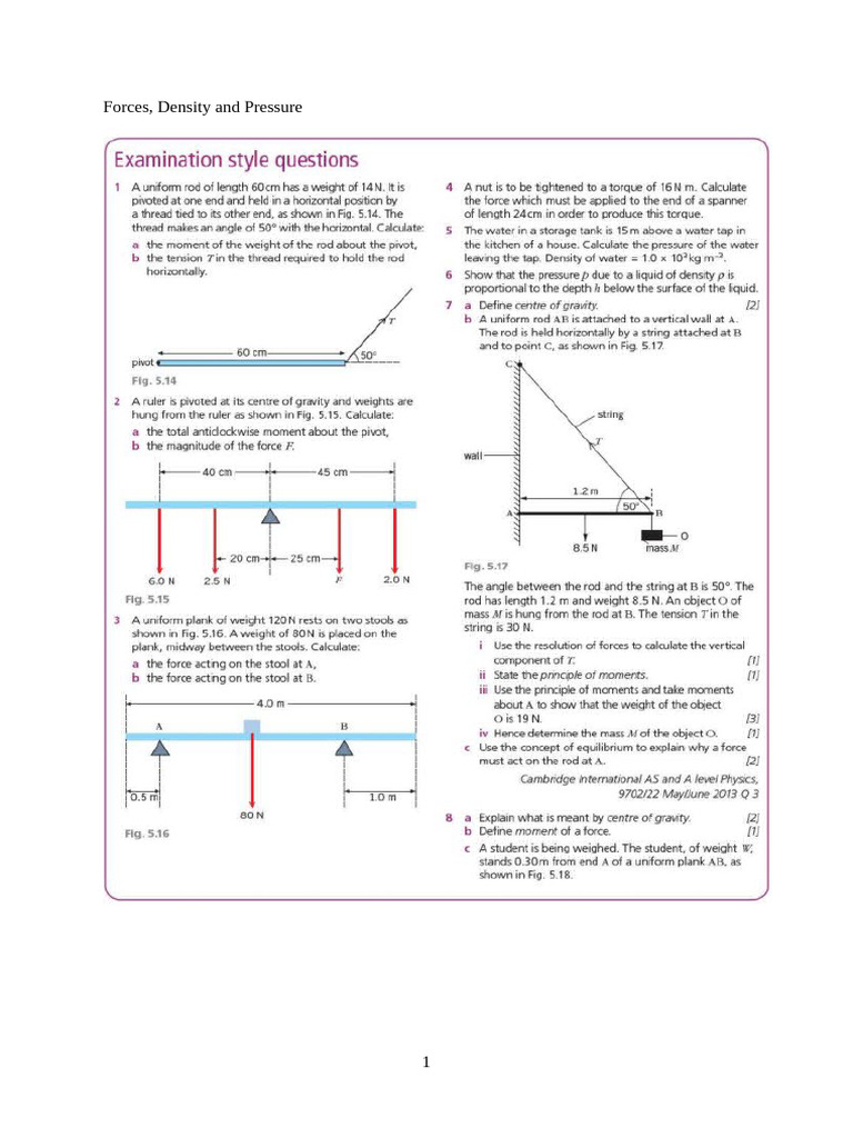 Forces, Density and Pressure Worksheet | PDF