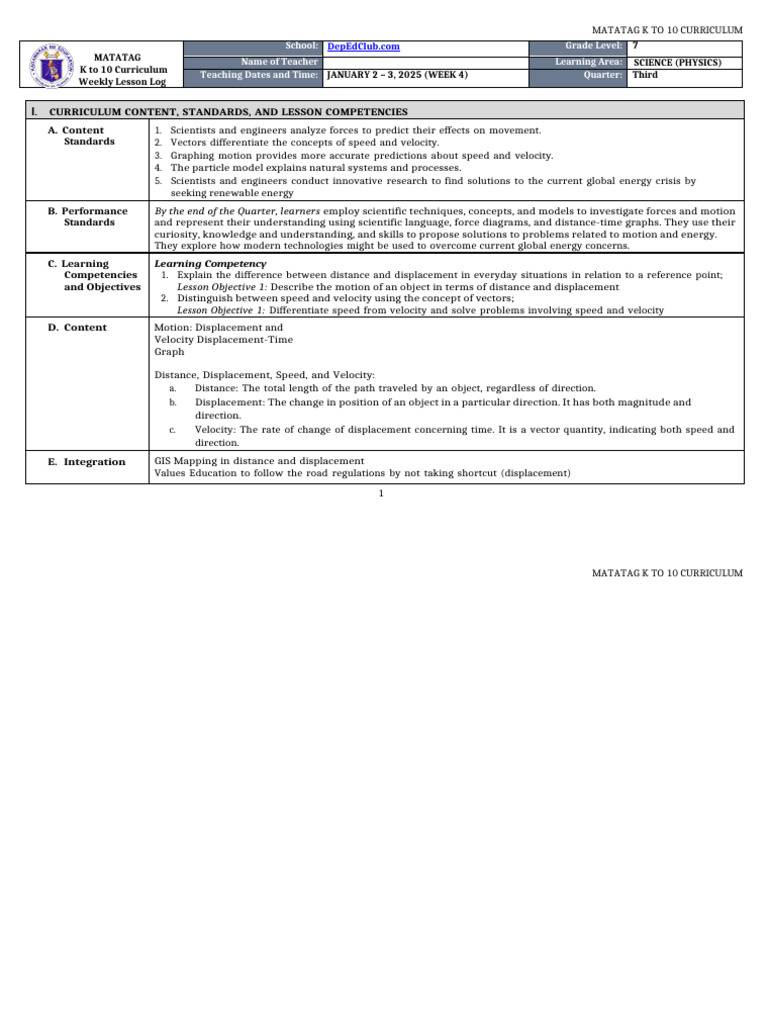 DLL Matatag - Science 7 Q3 W4 | PDF | Velocity | Distance