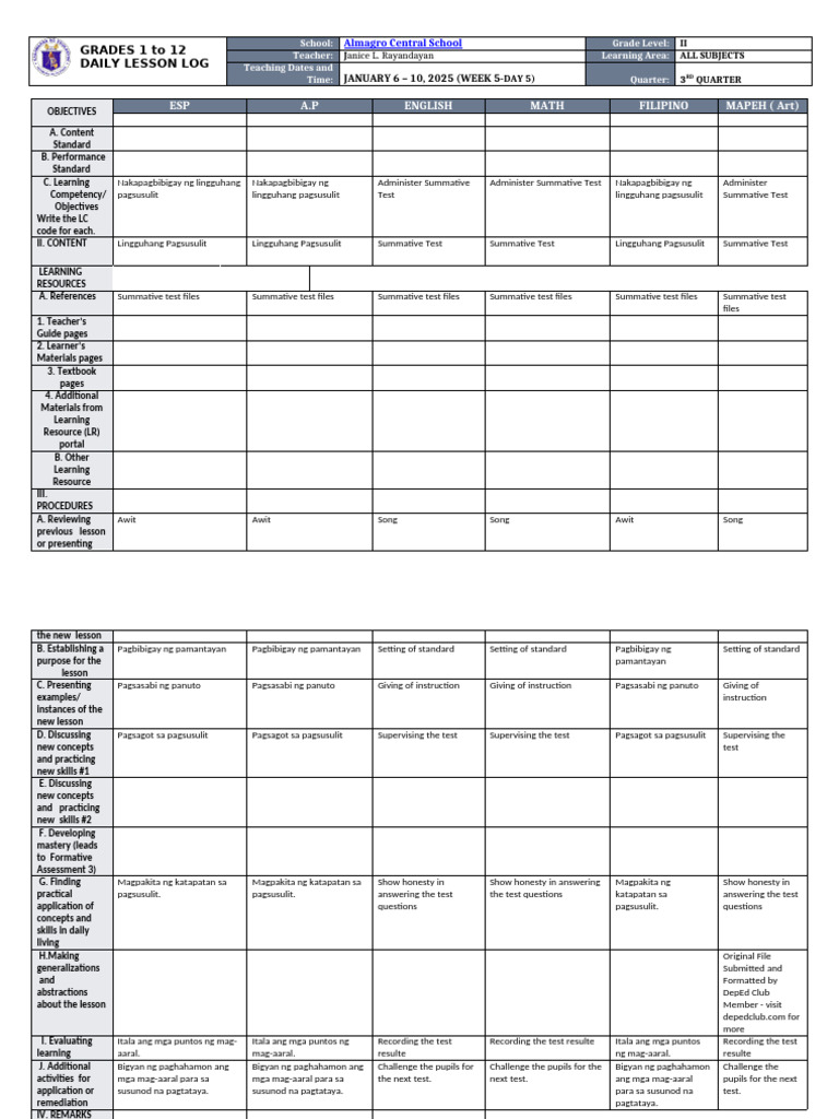DLL - All Subjects 2 - Q3 - W5 - D5 | PDF | Human Communication | Pedagogy