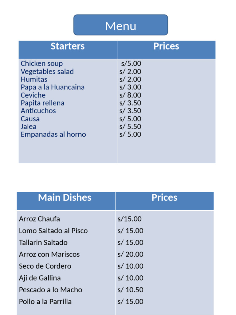 Peruvian Menu with Prices | PDF