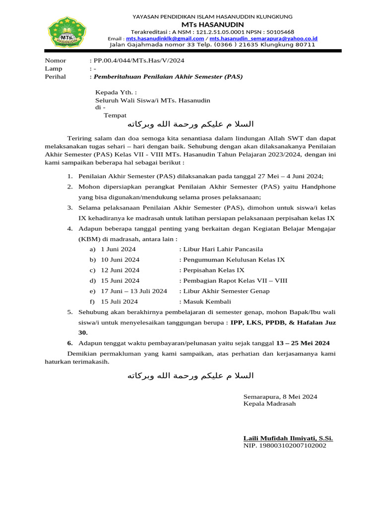 Surat Pelaksanaan PAS 2024 | PDF