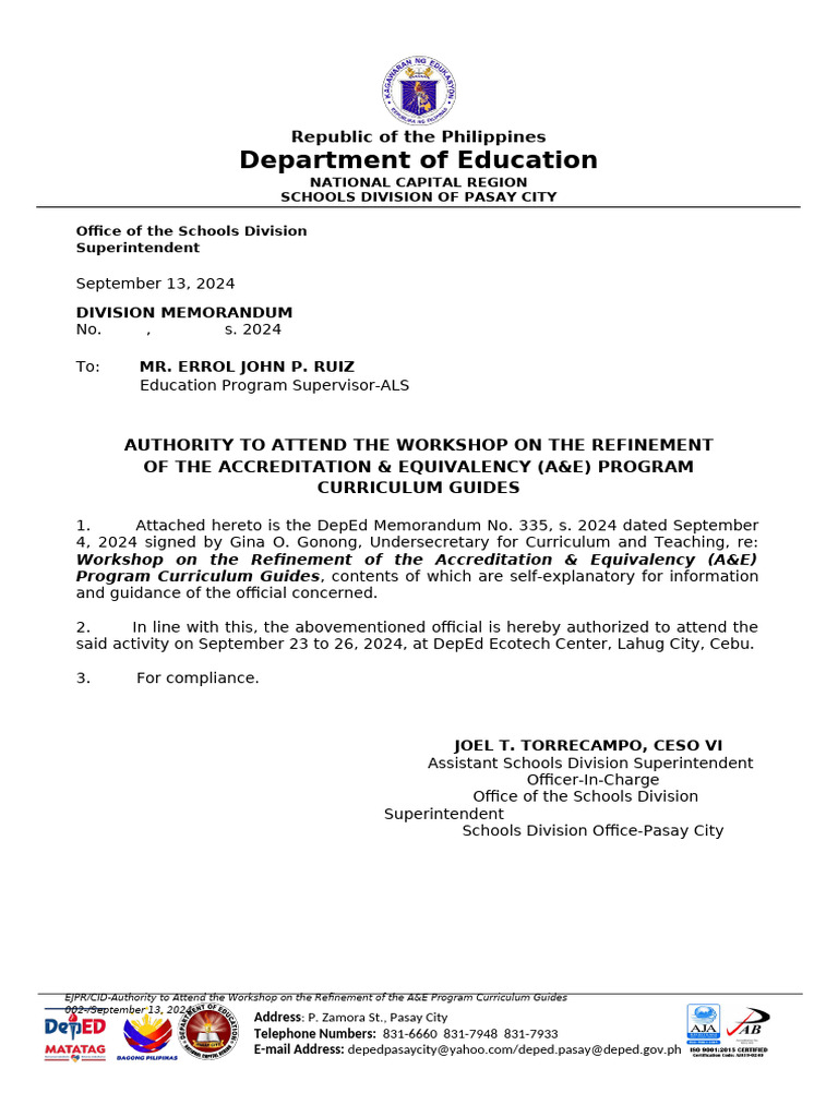 Authority for A&E Program Workshop Attendance | PDF