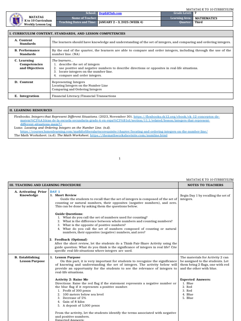Understanding Integers in Grade 7 Math | PDF | Numbers | Educational Assessment