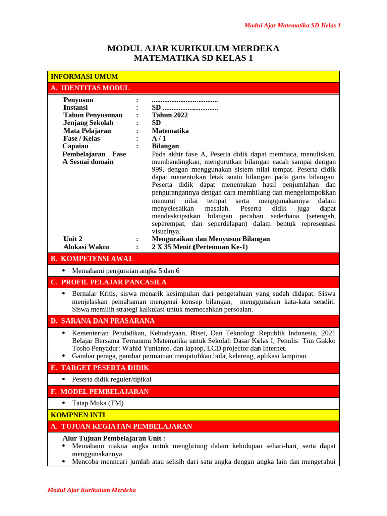 Modul Ajar 2 Mapel Mtk Kelas 1 Pdf
