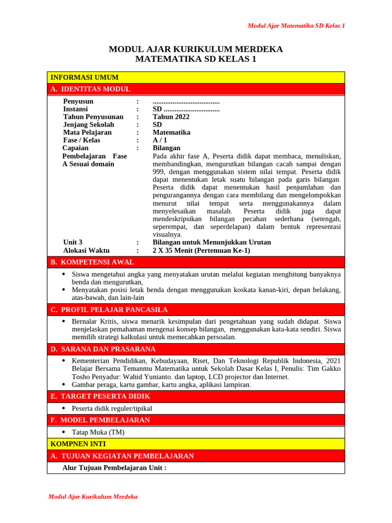 Modul Ajar 3 Mapel MTK Kelas 1 | PDF