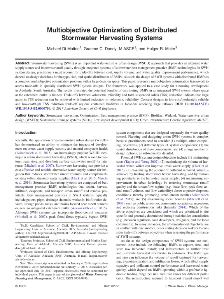 Multiobjective Optimization of Distributed Stormwater Harvesting Systems | PDF | Stormwater ...