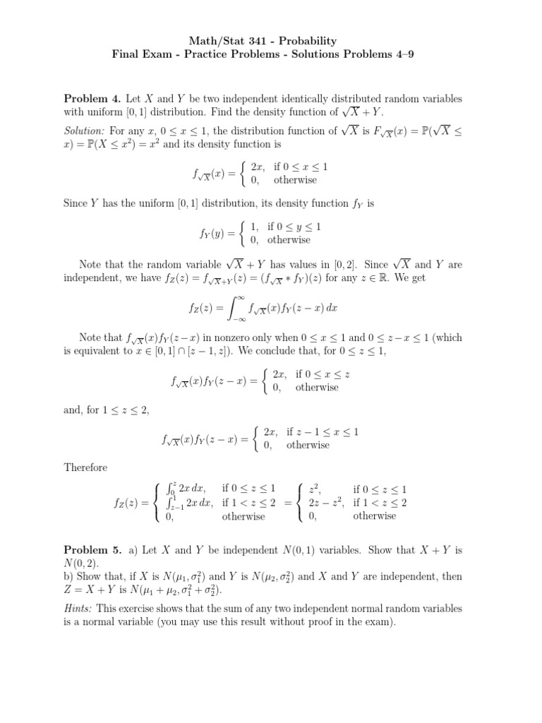 Math - Stat - 341 - Review - Final - Practice - Problems Solutions Problems 4-9 | PDF ...