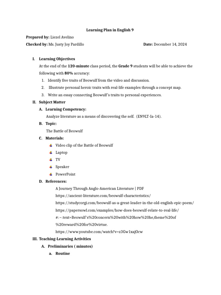 Learning Plan in English 9 | PDF | Beowulf | Courage