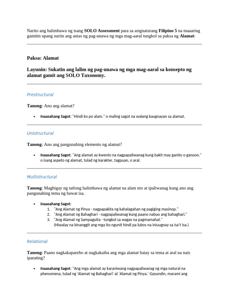 Halimbawa NG Assessment Tool Sa Solo Assessment | PDF
