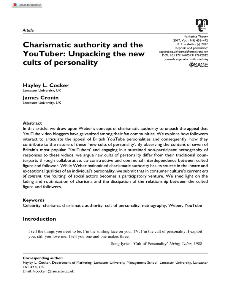 Charismatic Authority and the YouTuber | PDF | You Tube