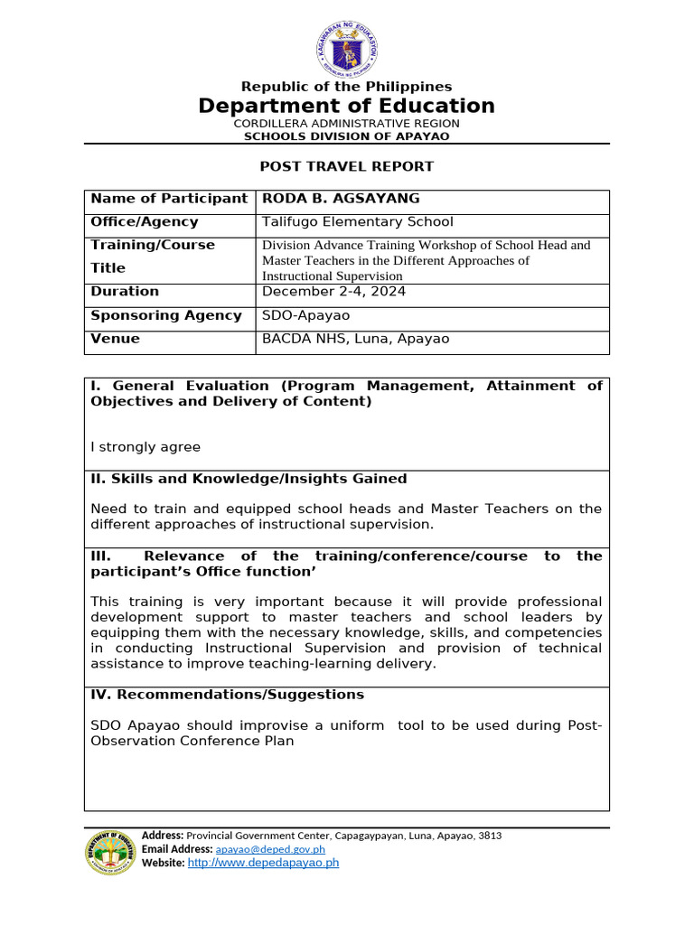 Post Travel Report Form Apayao | PDF | Learning | Behavior Modification