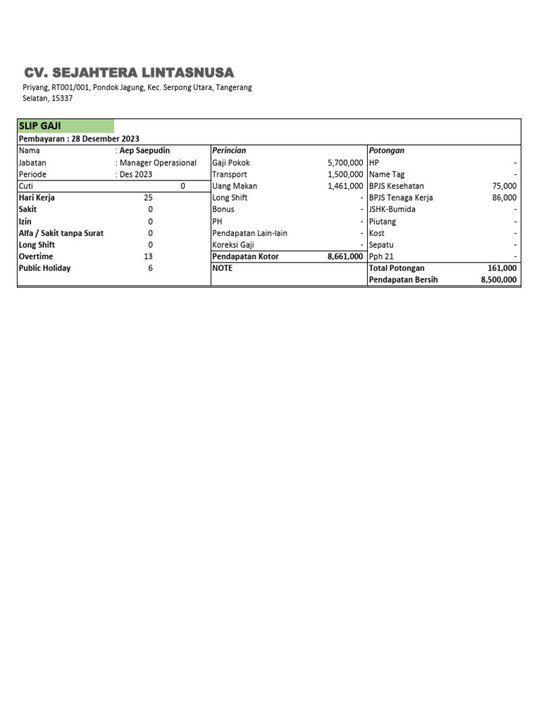 Slip Gaji CV. SEJAHTERA LINTASNUSA Opr | PDF