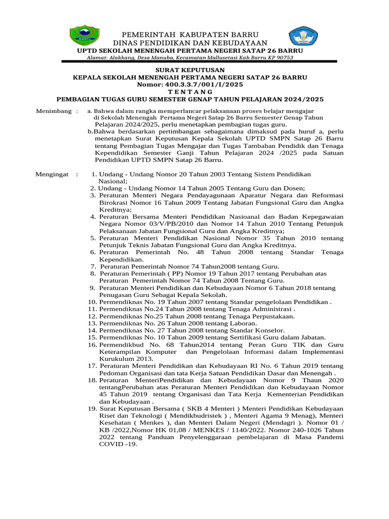 KONSEDERAN SK Pembagian Tugas Semester GENAP 2024 2025 | PDF