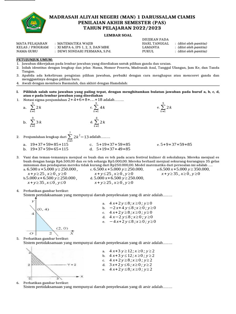 Dewi Pas Matematika Wajib Xi Mipa 6, Ips 1,2,3, MBK | PDF