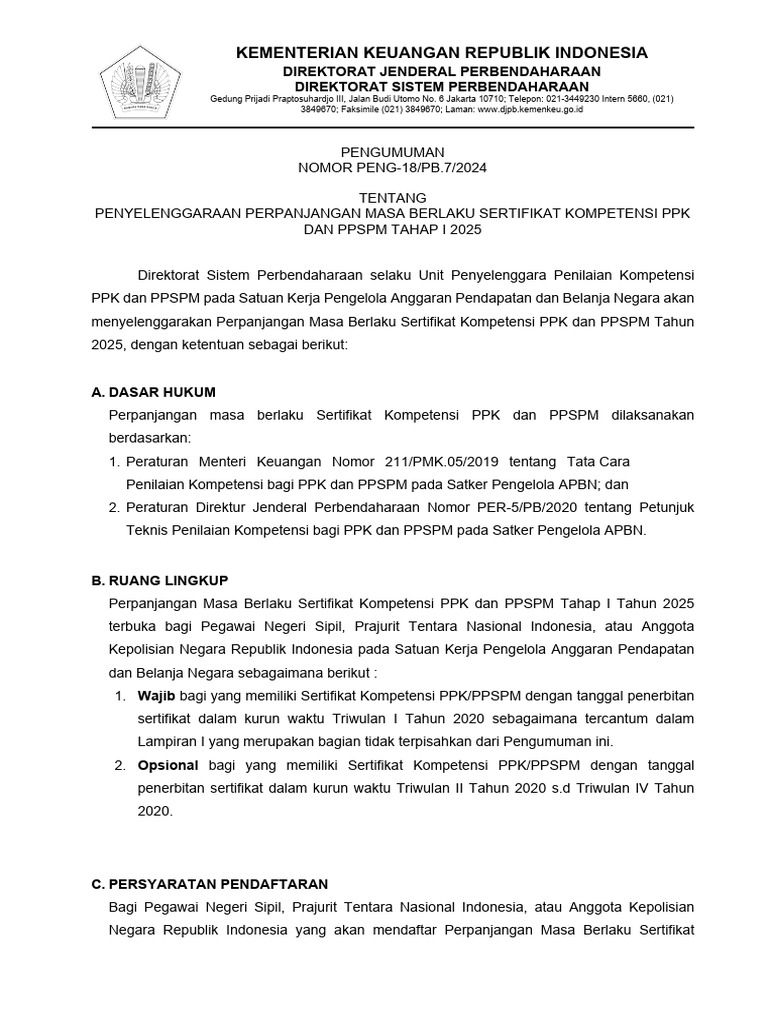 Penyelenggaraan Perpanjangan Masa Berlaku Sertifikat Kompetensi PPK Dan PPSPM Tahap I 2025 | PDF