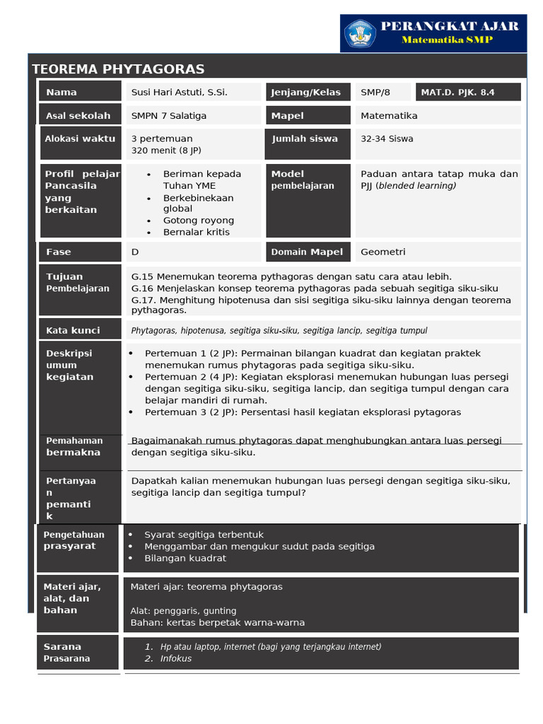 Modul Ajar 3 - Teorema Phytagoras | PDF