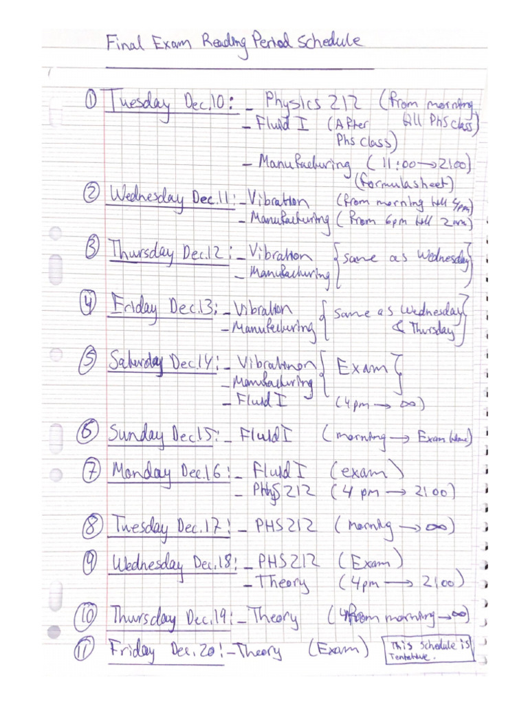 Tentative Final Exam Reading Period Schedule | PDF