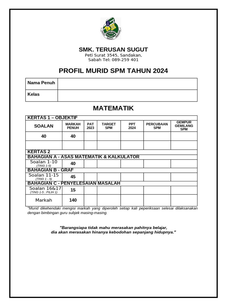 Profil Murid SPM 2024.doc - Matematik | PDF