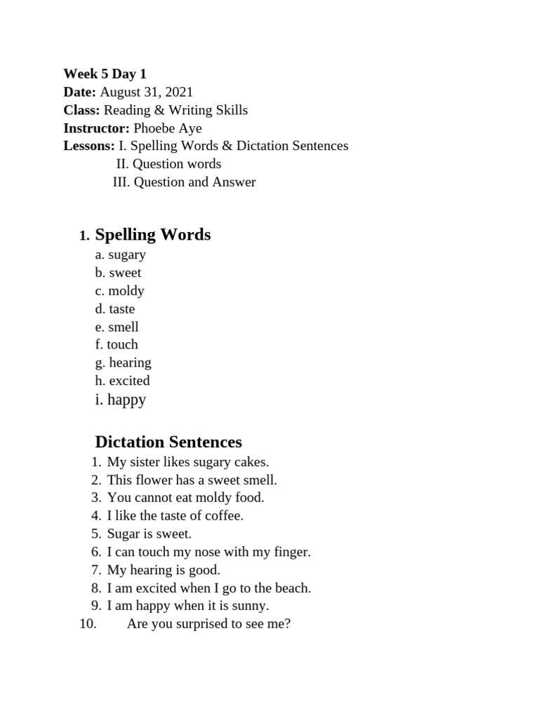 Reading & Writing Skills Week 5 Lesson | PDF