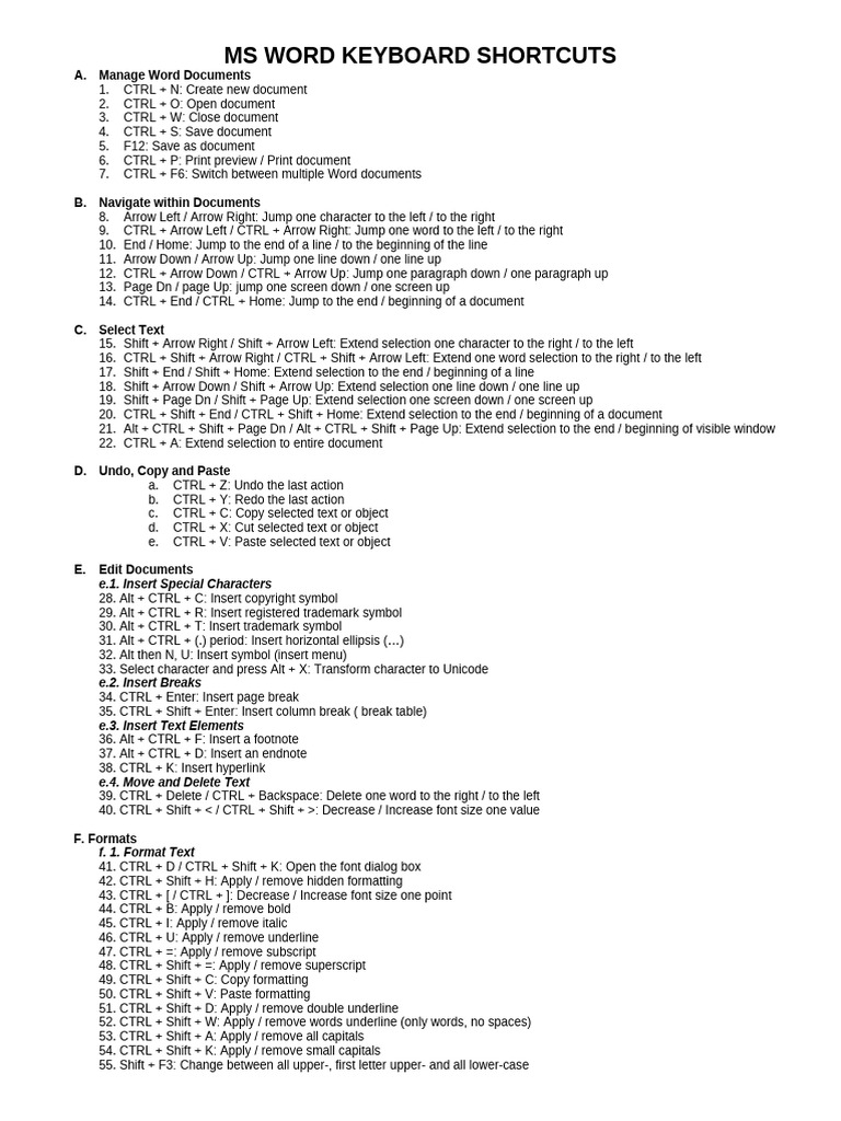 Essential MS Word Keyboard Shortcuts | PDF | Text | Software