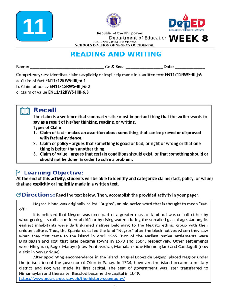 Identifying Claims in Texts Activity | PDF