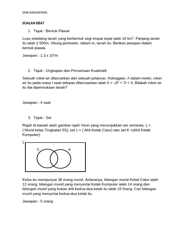 SMK Kamunting Soalan Kbat | PDF