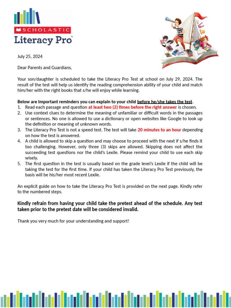 SSS 2024 Pretest Letter To Parents With User Guide | PDF | Login | Literacy