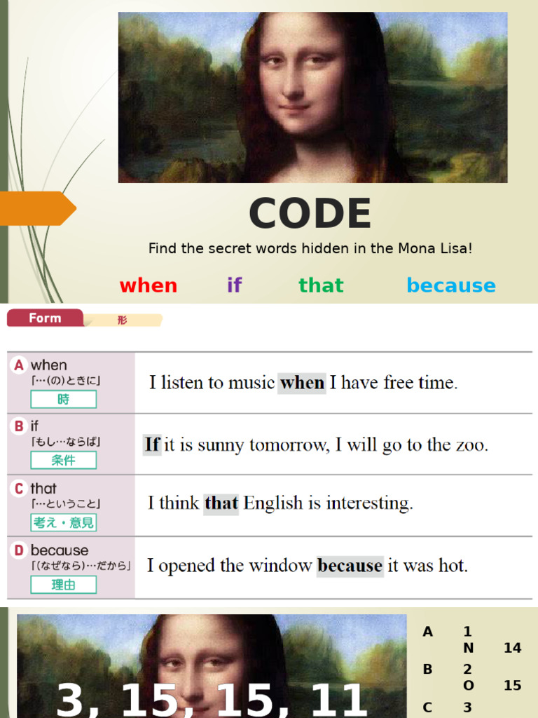 #2nd Grader Unit 2 - Mona Lisa Code When If That Because | PDF | Foods | Cuisine