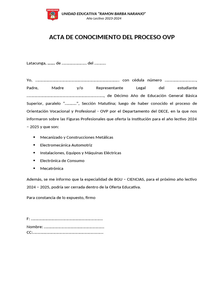 Acta de Proceso OVP 2023-2024 | PDF