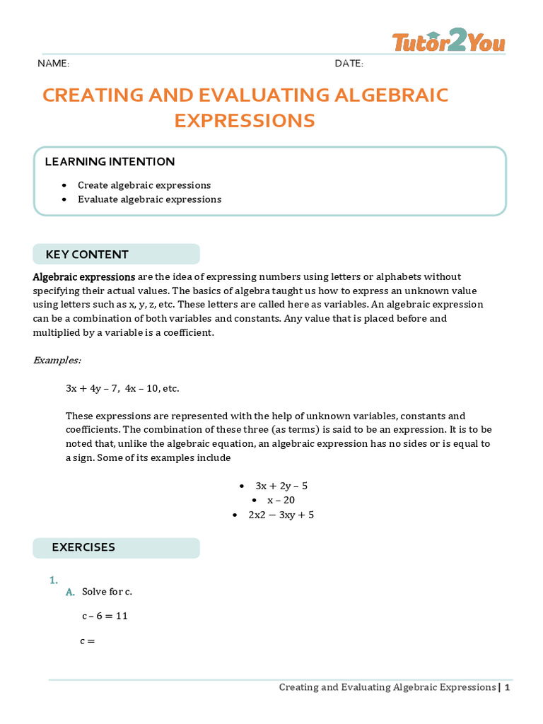 Creating and Evaluating Algebraic Expressions 1 | PDF | Algebra ...