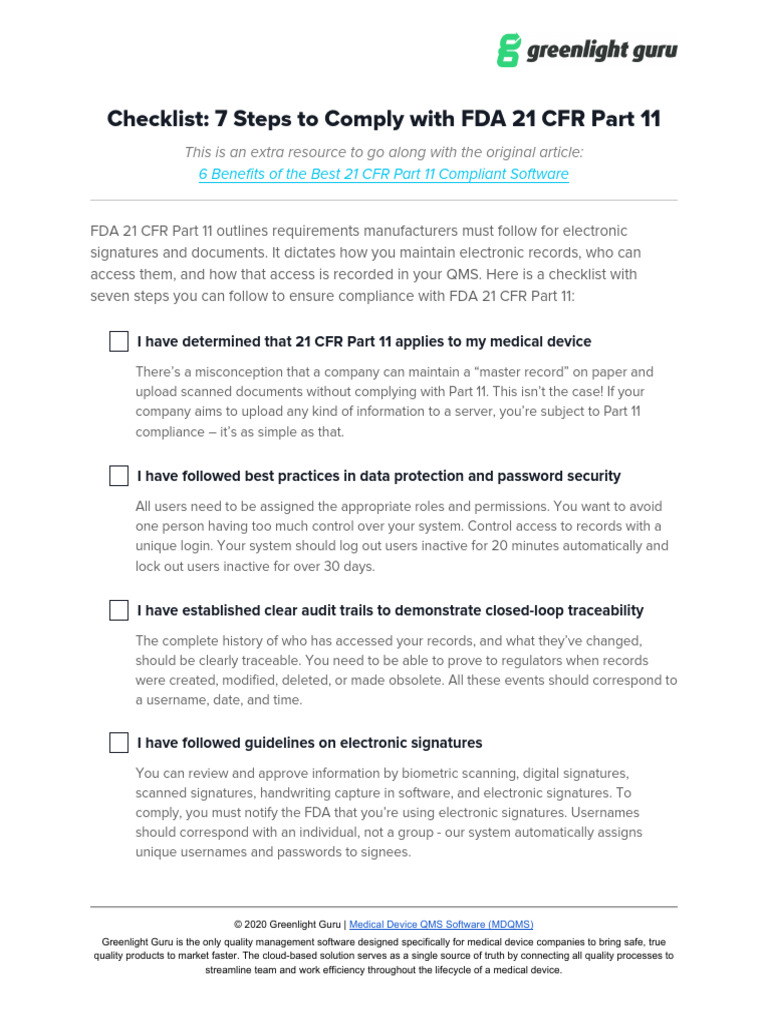 Checklist - 7 Steps To Comply With FDA 21 CFR Part 11 | PDF | Quality ...