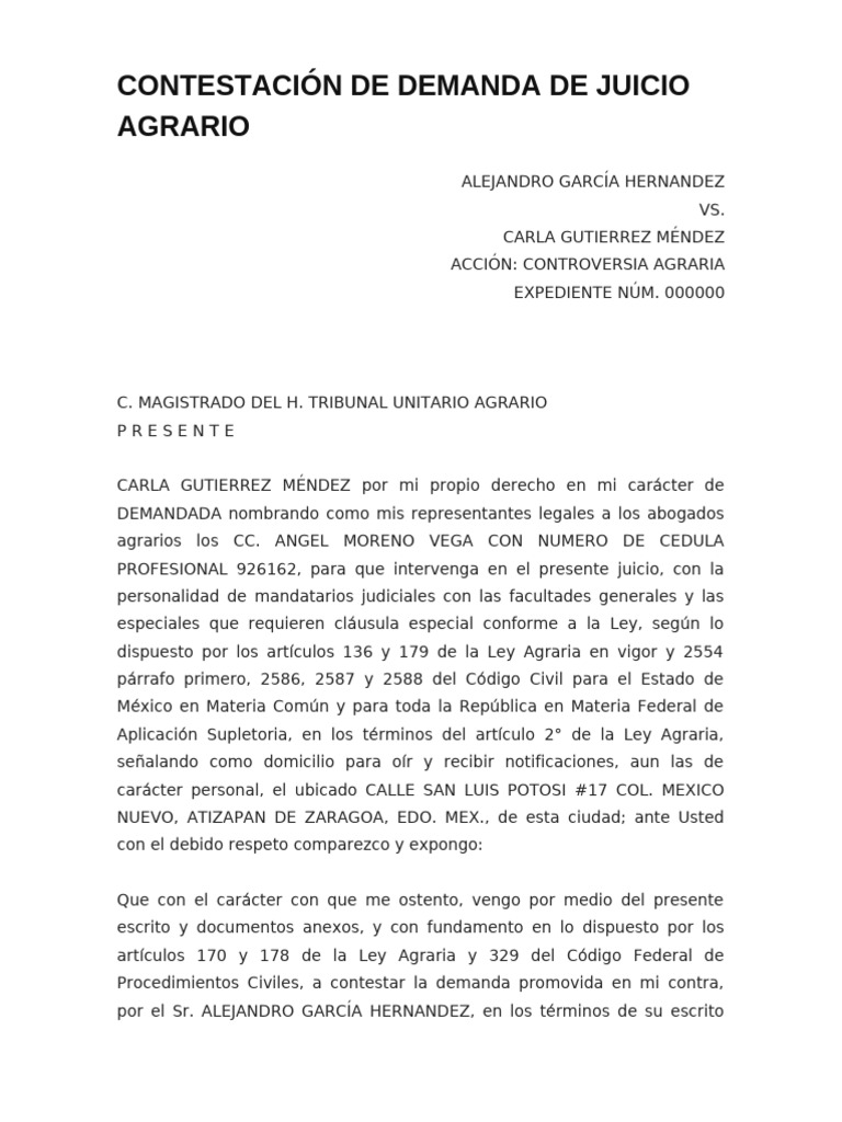 Contestación de Demanda de Juicio Agrario | PDF | Demanda judicial ...