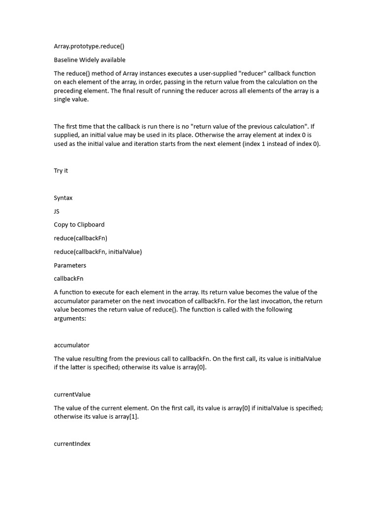 reduce method | PDF | Parameter (Computer Programming) | Callback ... reduce method | PDF | Parameter (Computer Programming) | Callback ...