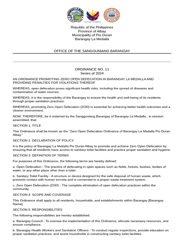 Zero Open Defecation Ordinance Pio Duran | PDF | Sanitation | Waste ...