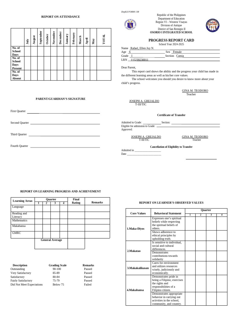 CARD GRADE 1 MATATAG | PDF | Learning | Cognition