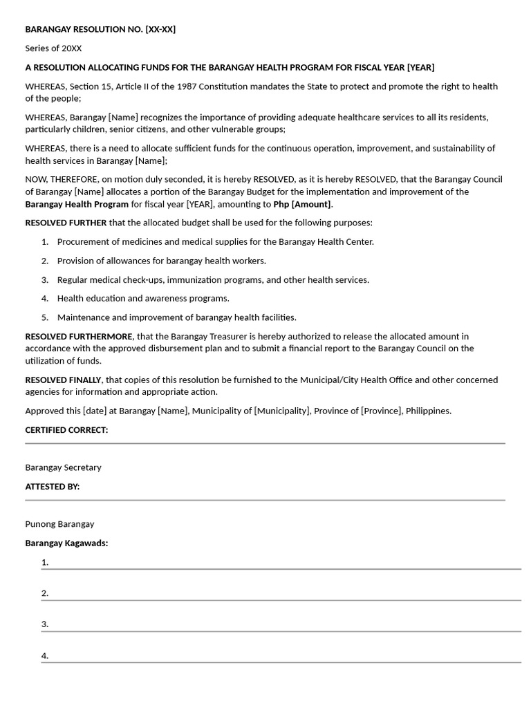 BARANGAY RESOLUTION Health Program | PDF | Malnutrition | Nutrition