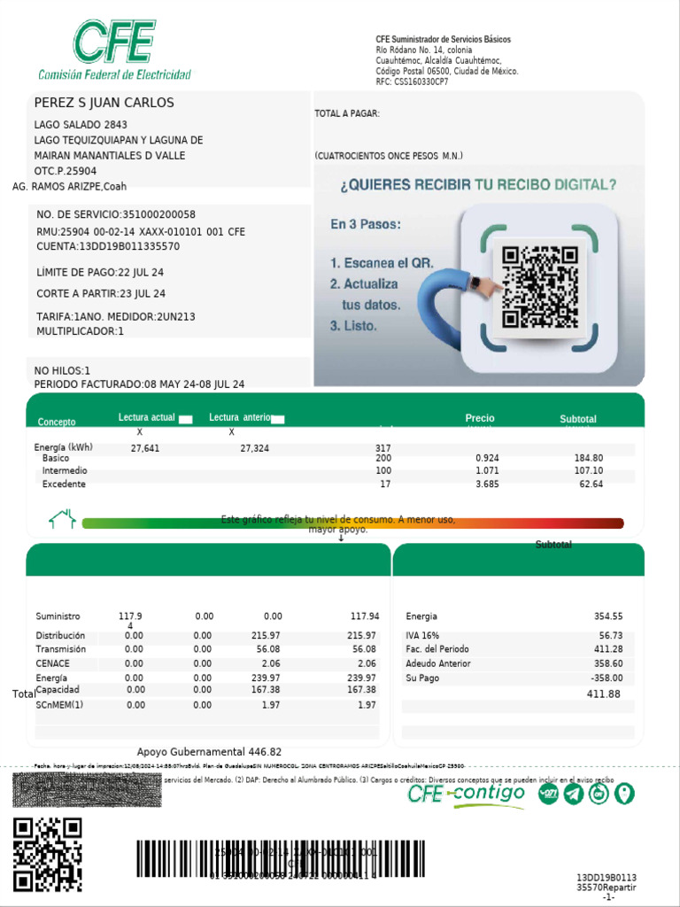 Recibo Cfe | PDF | Energia electrica | Ingenieria Eléctrica