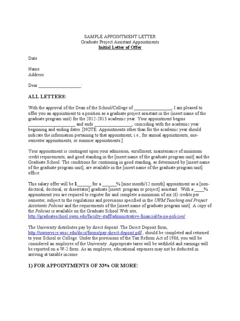 Graduate Project Assistant Offer Letter | PDF | Graduate School ...
