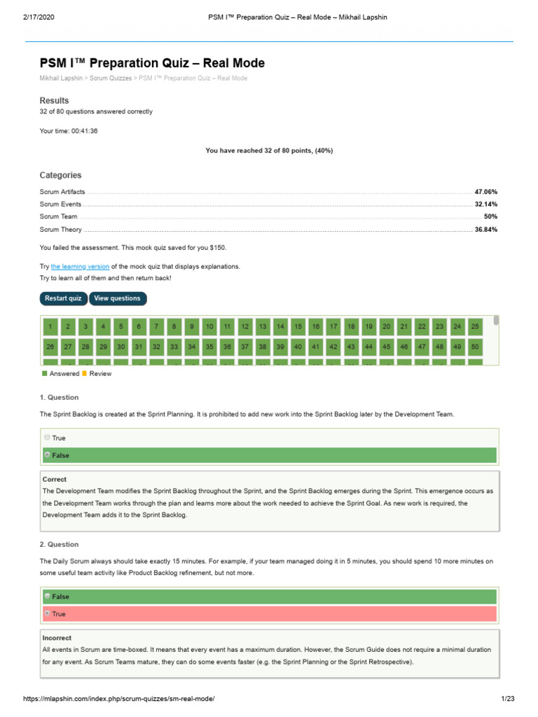 PSM I™ Preparation Quiz - Real Mode - Mikhail Lapshin | PDF | Scrum (Software Development ...