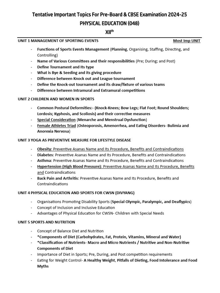Tentative Important Topics for Pre-Board 12th PHE | PDF | Nutrients ...