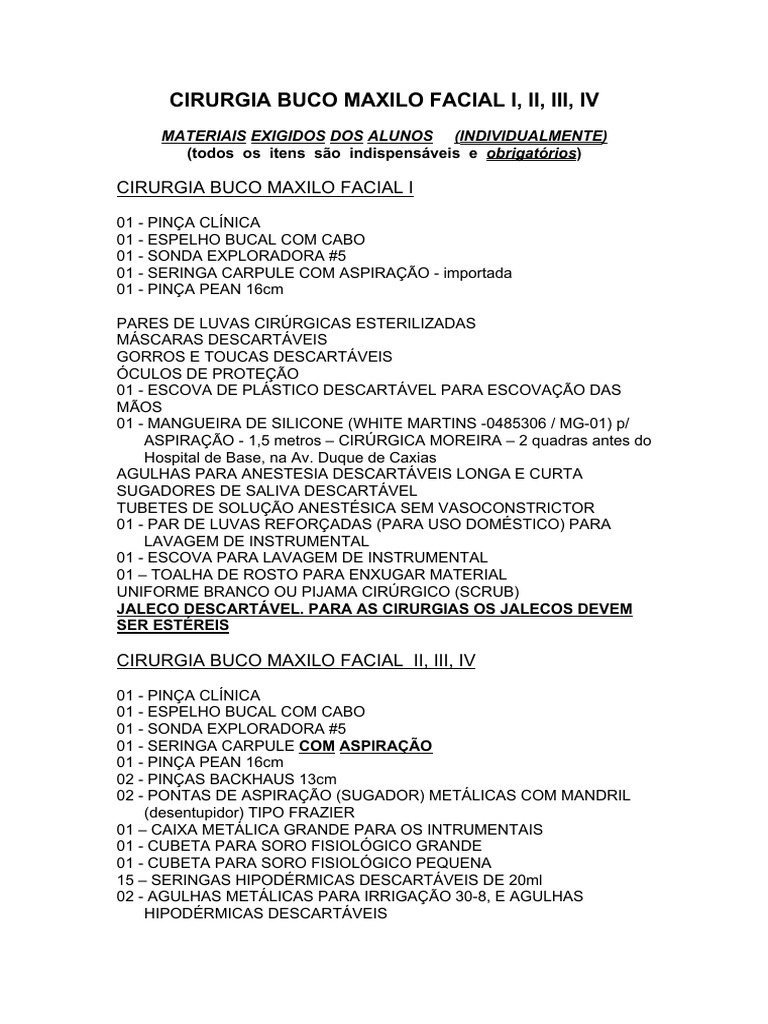 Materiais Necessários para Cirurgia Buco Maxilo | PDF