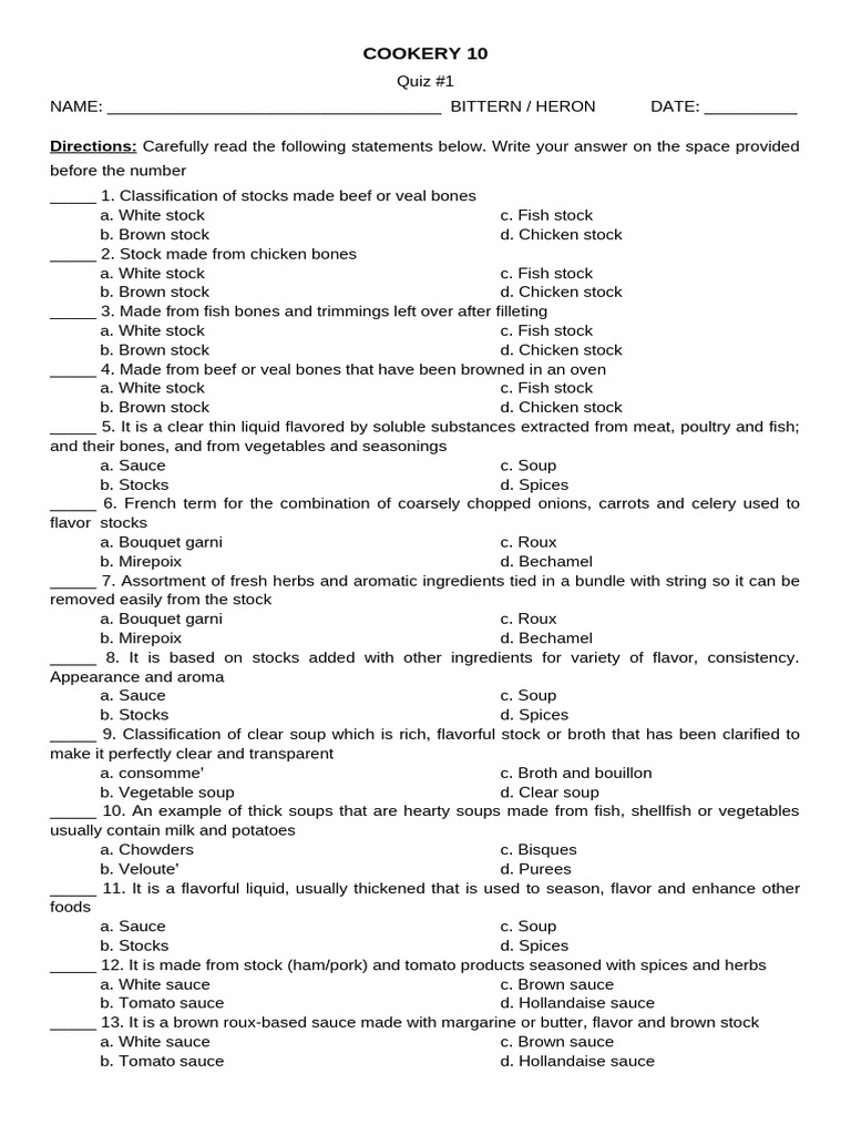 3Q quiz 1 TLE 10 | PDF | Stock (Food) | Soup