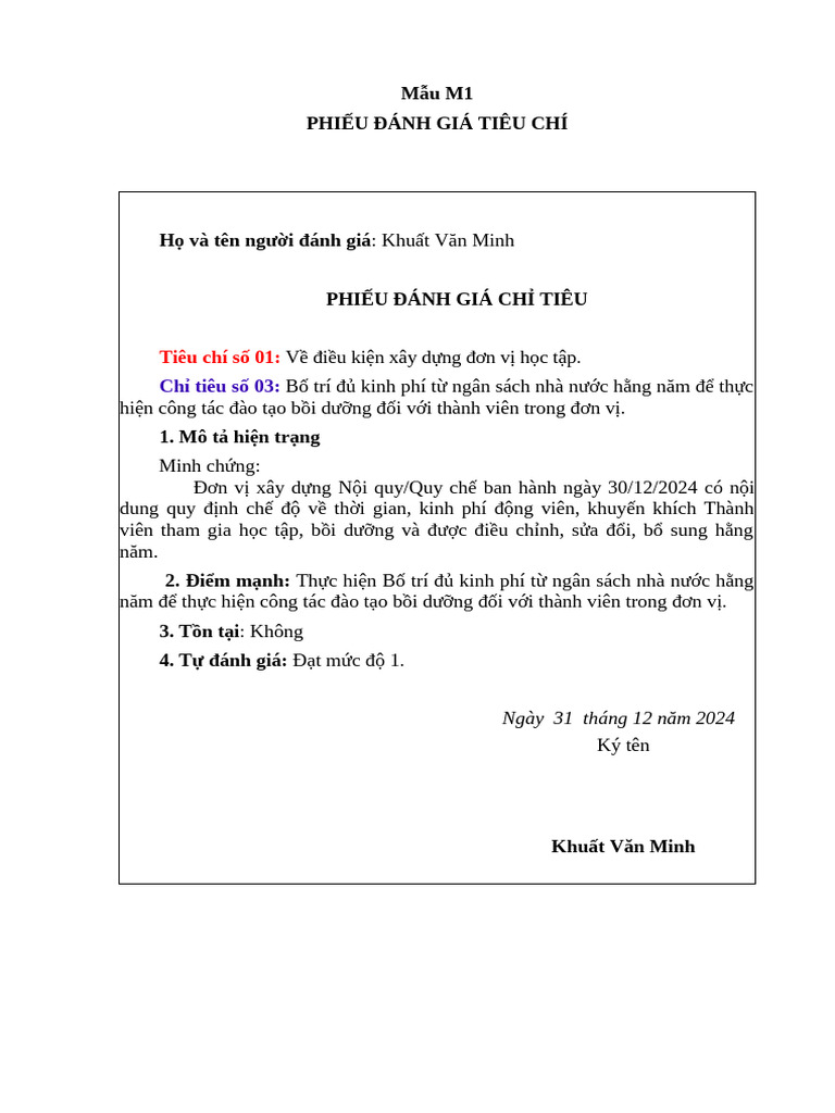 Mau 1 - Phieu Danh Gia TC1-CT3 | PDF