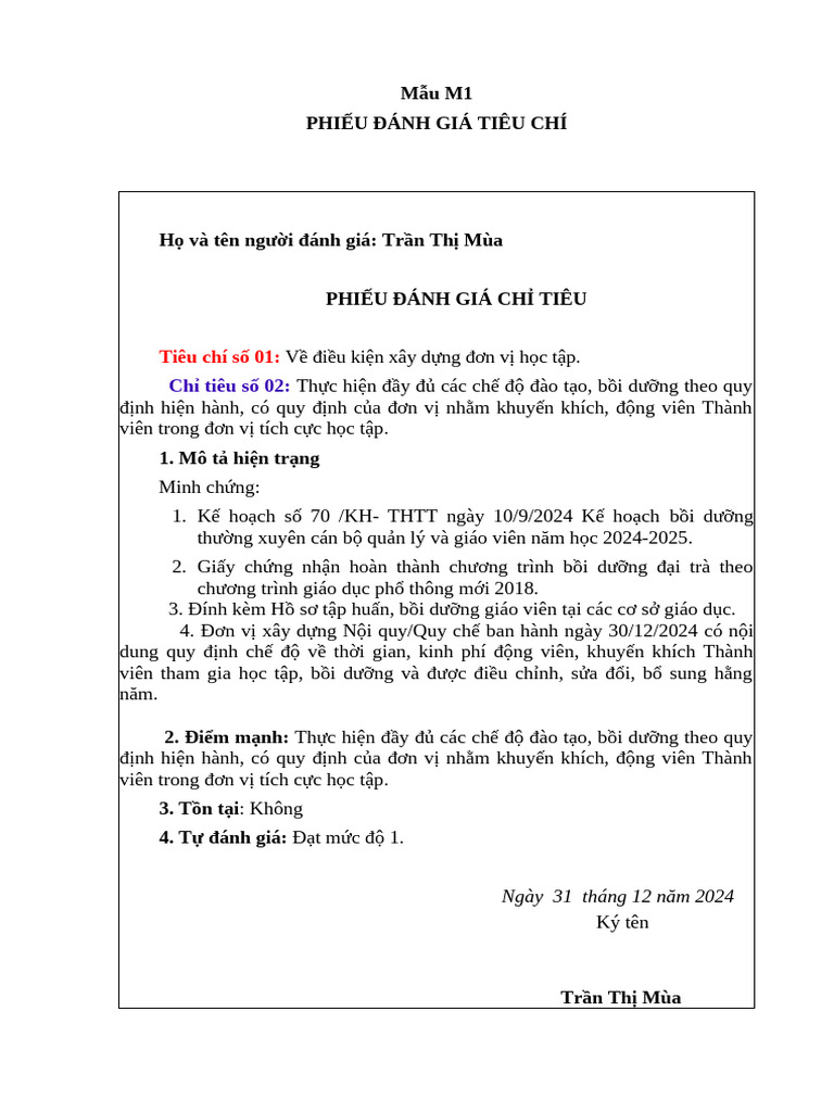 Mau 1_phieu Danh Gia TC1-CT2 | PDF