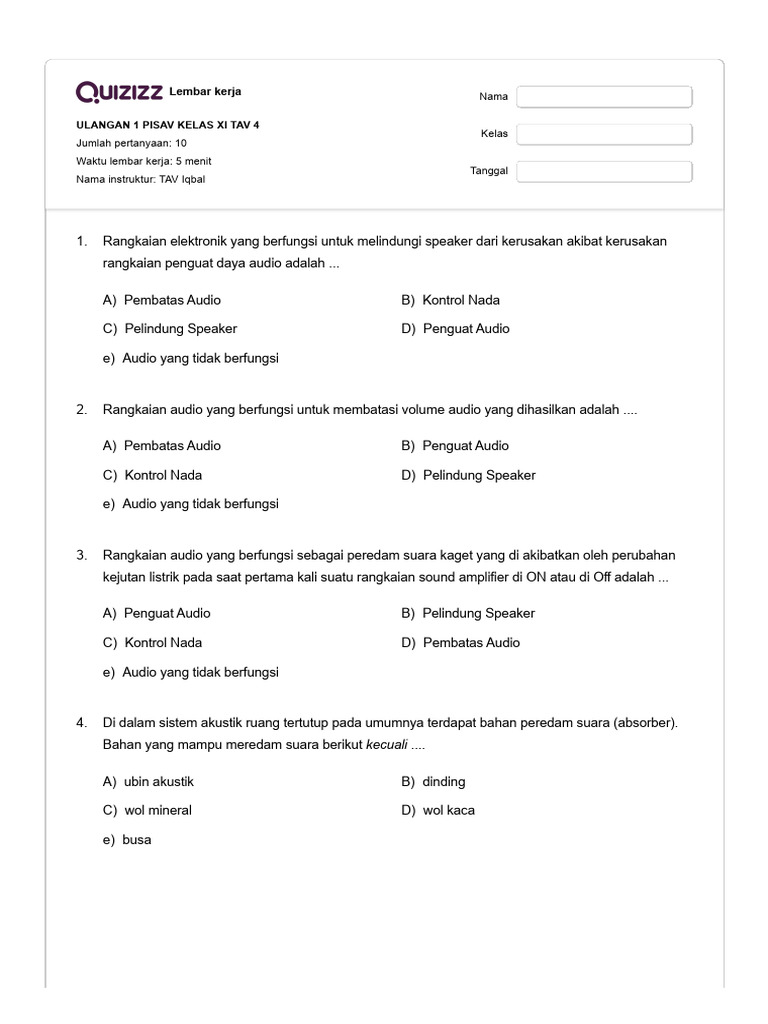 ULANGAN 1 PISAV KELAS XI TAV 4 - Quizizz | PDF
